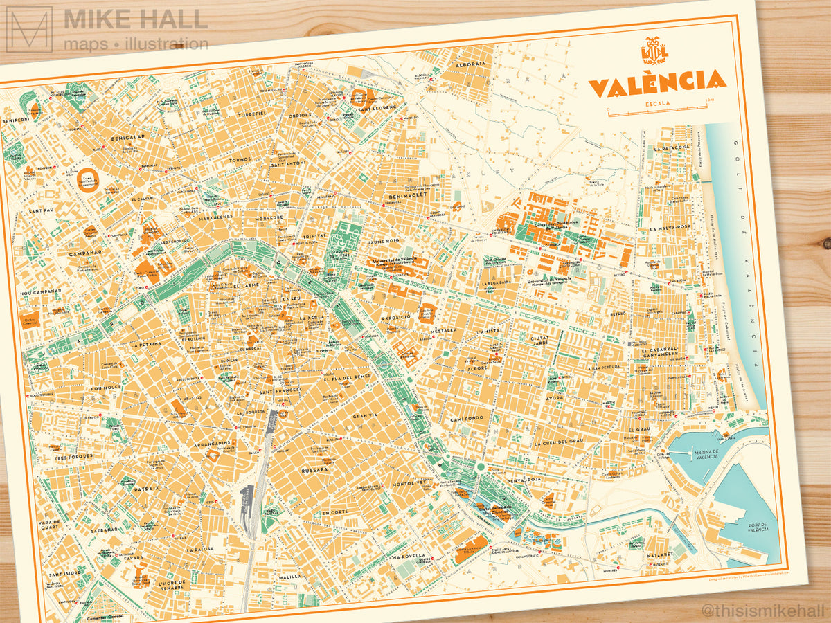 Valencia, Spain Art-Deco style map giclee print – Mike Hall Maps ...