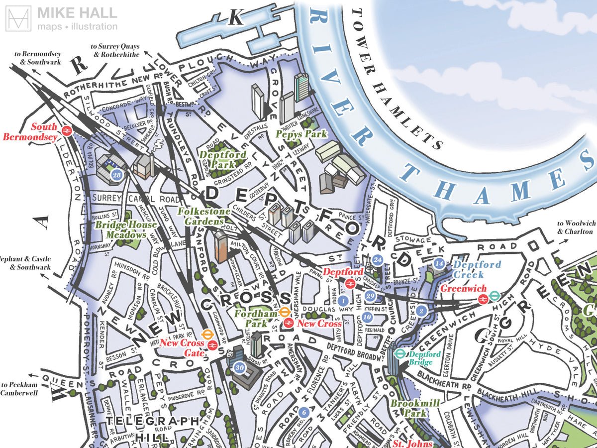 Lewisham (London borough) illustrated map giclee print – Mike Hall Maps ...