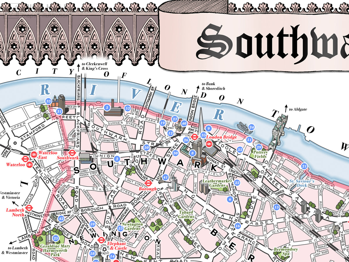 Southwark (London borough) illustrated map giclee print – Mike Hall ...