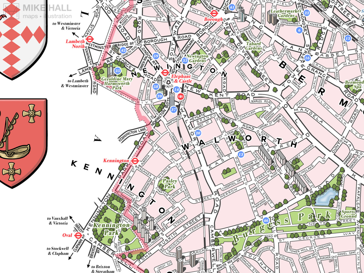 Southwark (London borough) illustrated map giclee print – Mike Hall ...