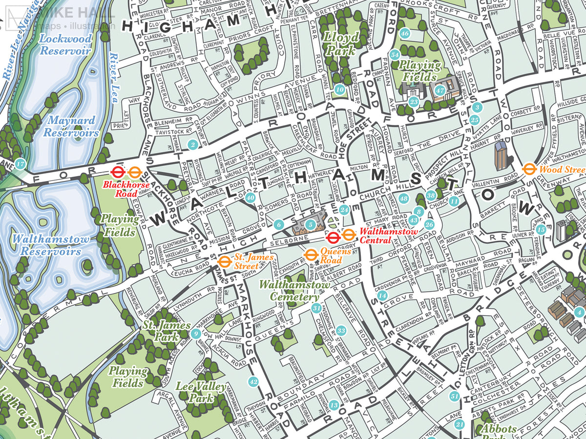 Waltham Forest (London borough) illustrated map giclee print – Mike ...