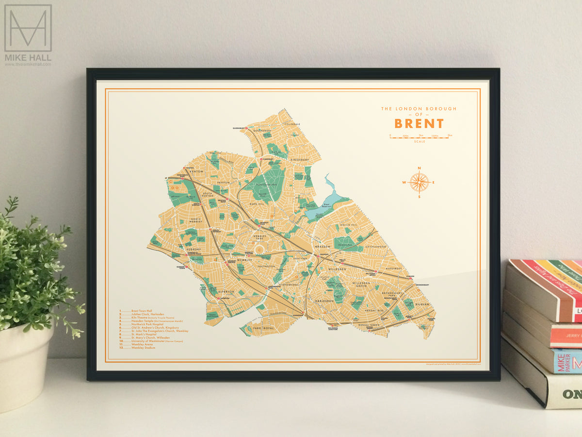 Brent (London borough) retro map giclee print – Mike Hall Maps ...