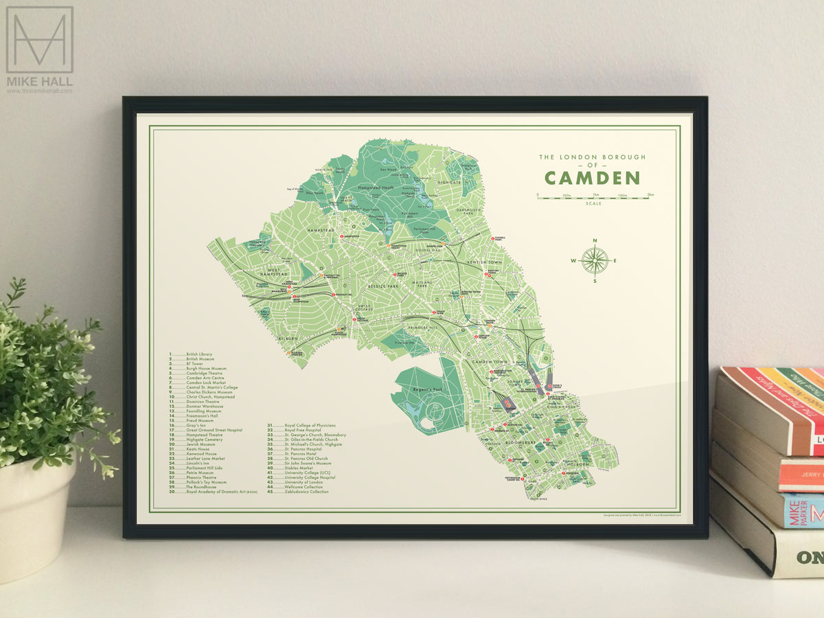 Camden (London borough) retro map giclee print – Mike Hall Maps ...