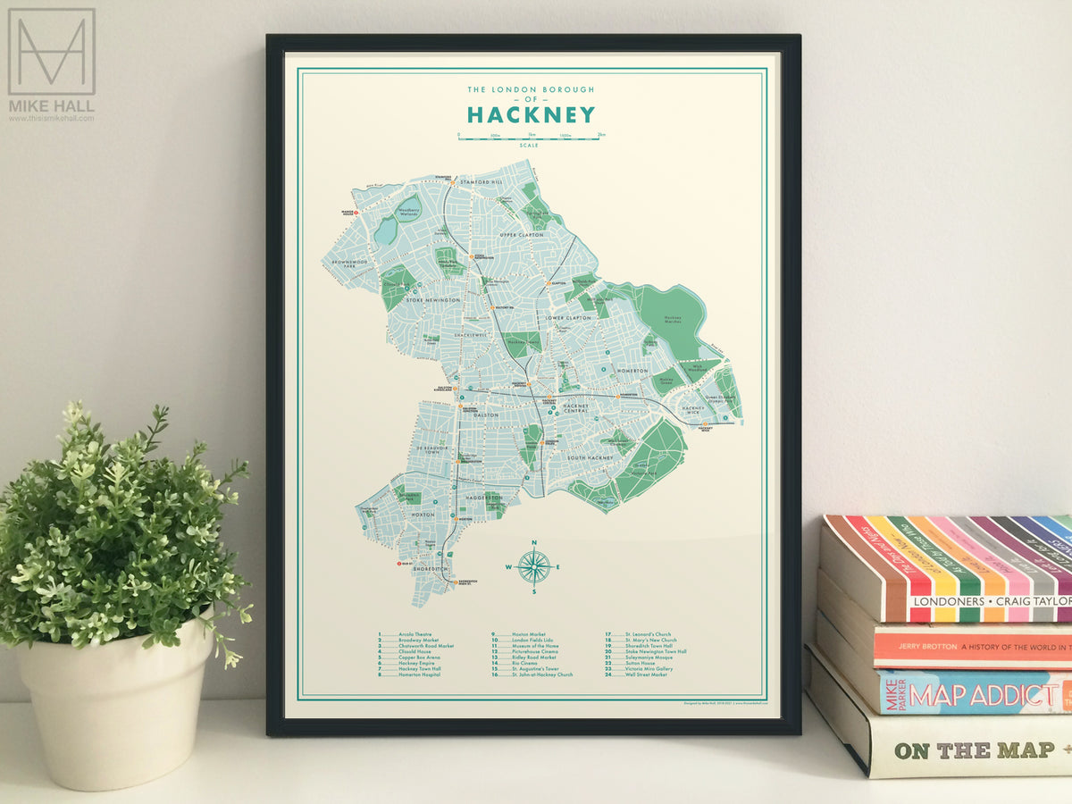 Hackney (London borough) retro map giclee print – Mike Hall Maps ...