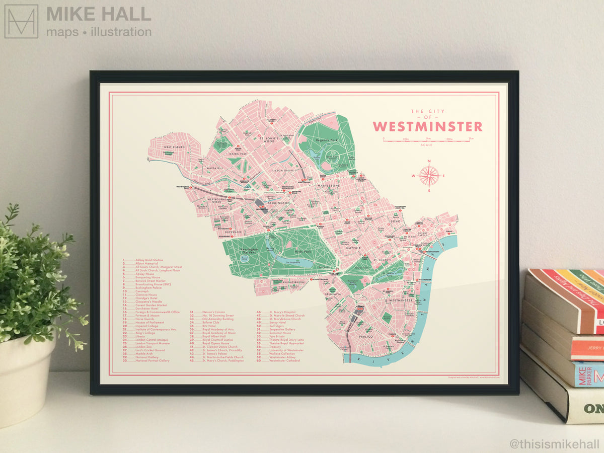 Westminster (London borough) retro map giclee print – Mike Hall Maps ...