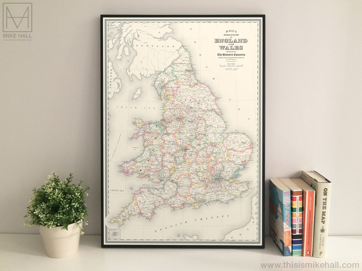 England and Wales (Historic Counties) map giclee print – Mike Hall Maps ...